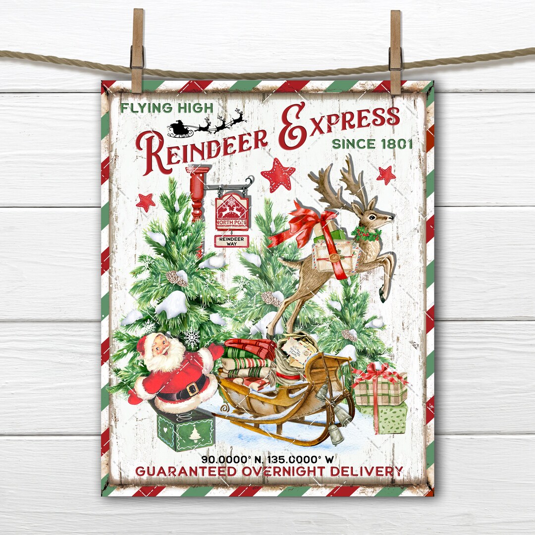 North Pole Flying Reindeer Mail Santa Sleigh Christmas Post Snowy Trees ...