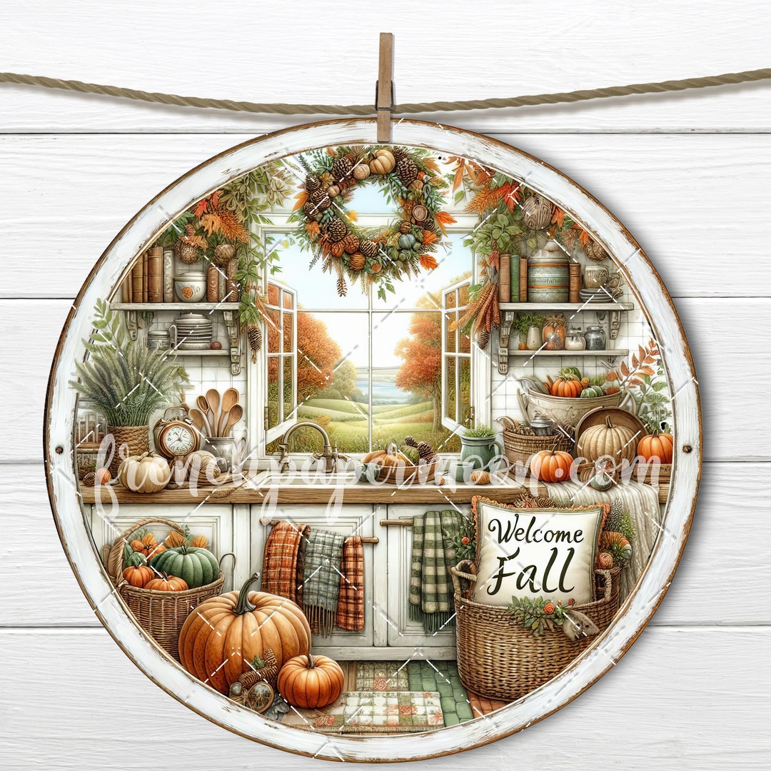 Welcome Fall Farmhouse Kitchen Circle DIY Sign Sublimation Pumpkins PNG ...