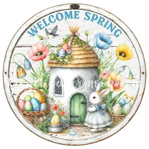 Welcome Spring Whimsical Bunny House Flowers Eggs DIY Sign DTF Transfer ...