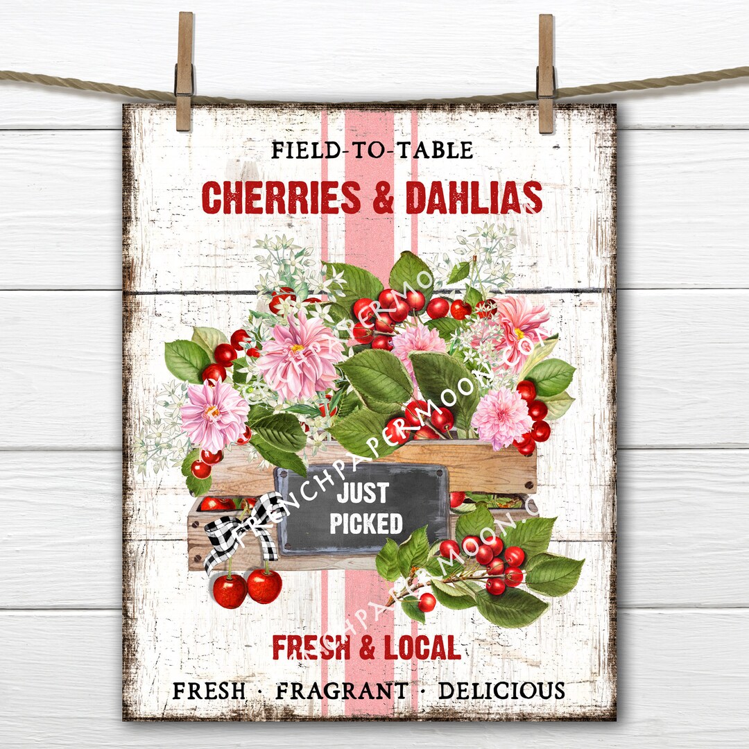 Farmhouse Fruit, Digital, Cherries, Dahlias, Wreath Accent Decor Sign ...