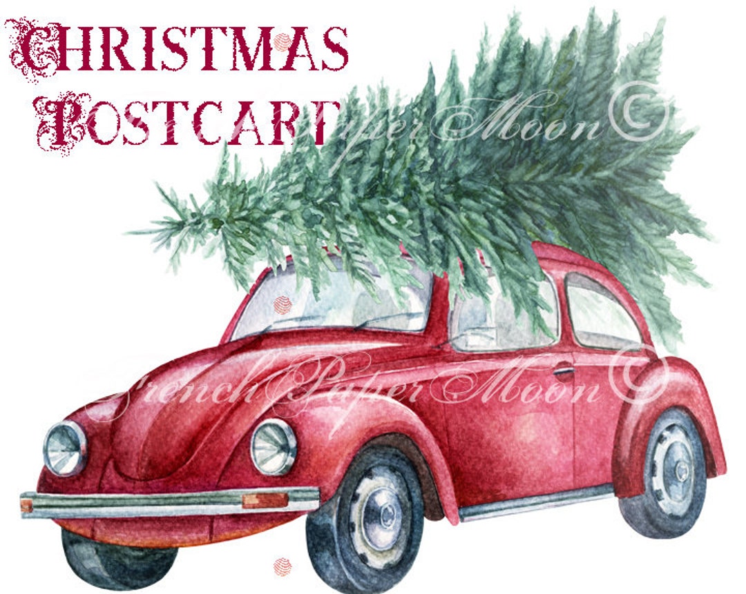 Printable Christmas Red Retro Car With Tree Christmas Home Decor ...