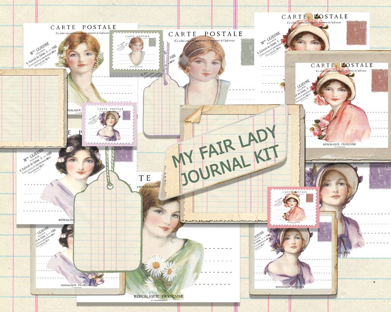 Printable Mini Journal Kit, Vintage Ladies, French Postcard Journal Set ...