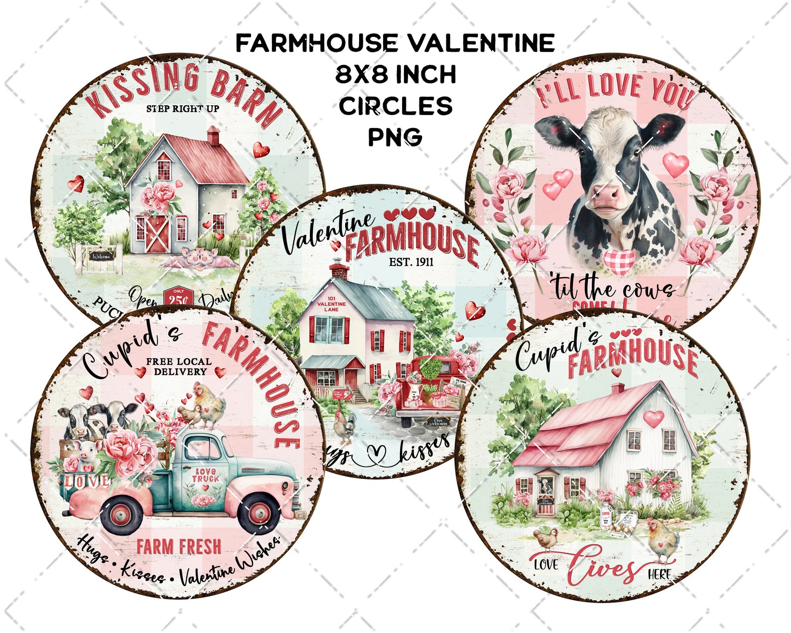 Farmhouse Valentine Circles Pickup Truck Cows Pigs Barn Sublimation ...
