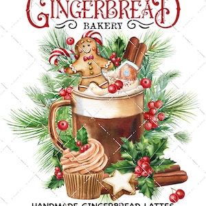 Gingerbread Bakery DIY Christmas Sign, Winter Drink Cupcake Cocoa Holly ...