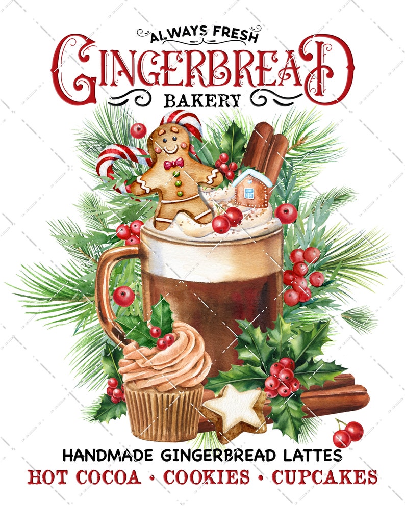 Gingerbread Bakery DIY Christmas Sign, Winter Drink Cupcake Cocoa Holly ...