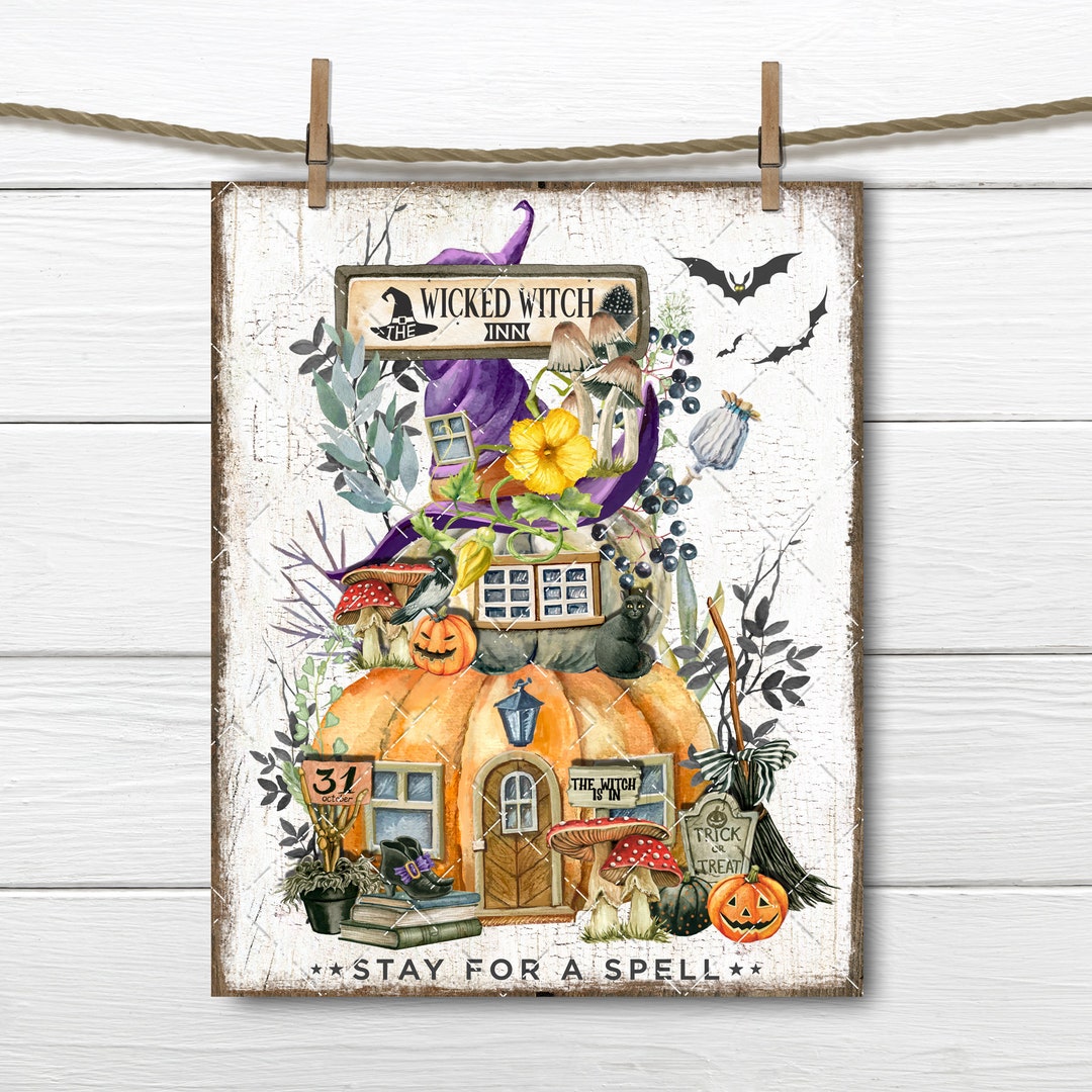 Halloween Wicked Witch Inn, Pumpkin House, Witch Hat, Broomstick, Black ...