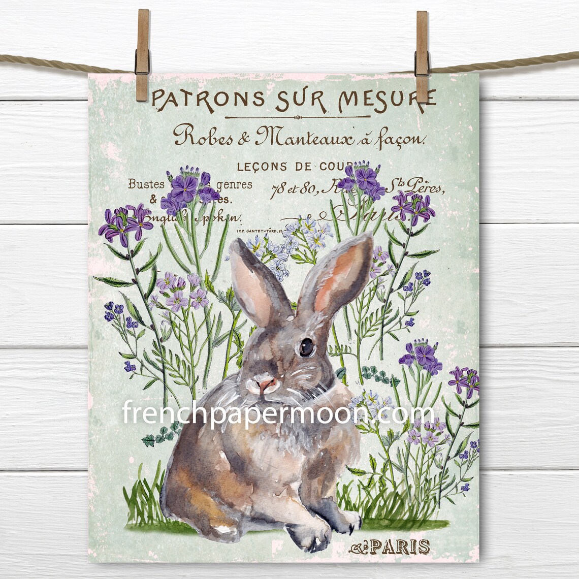 French Bunny Rabbit, Easter Bunny Printable, Vintage Wildflowers ...