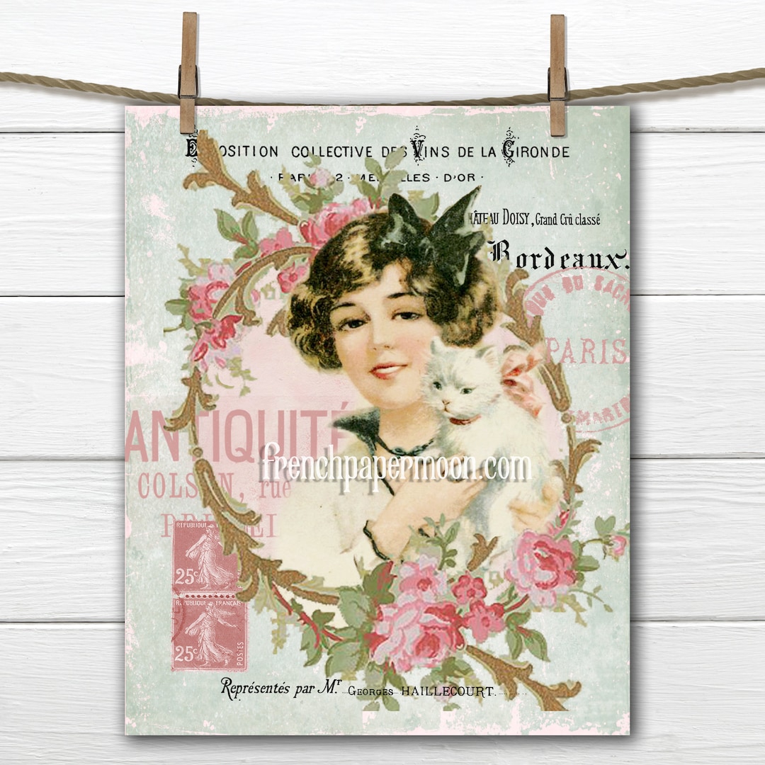 Vintage Shabby Cat Lady, Roses, French Graphics, Fabric Block Image ...