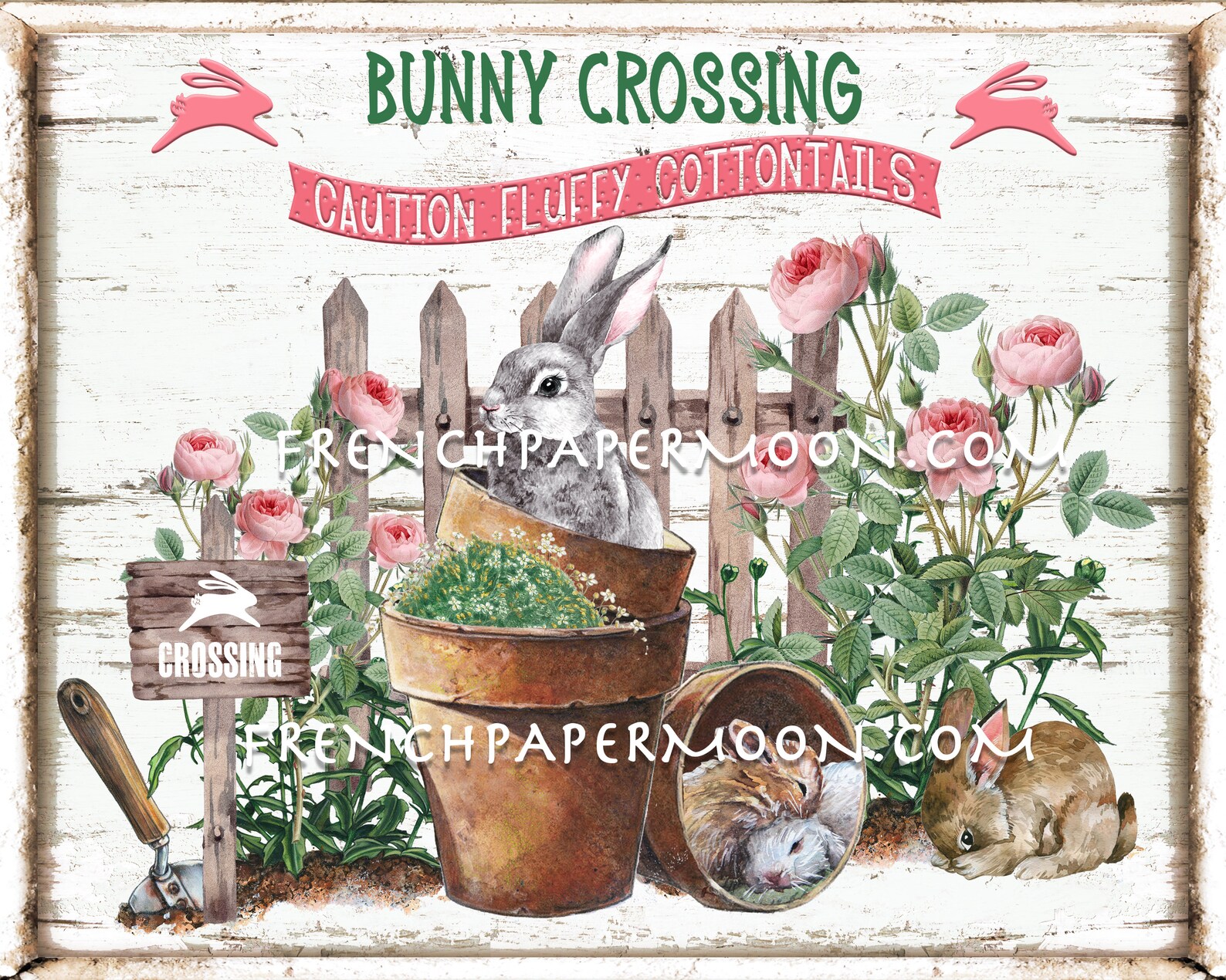 Bunny Crossing, Digital, Bunny Garden, Spring Garden, Roses, Picket ...