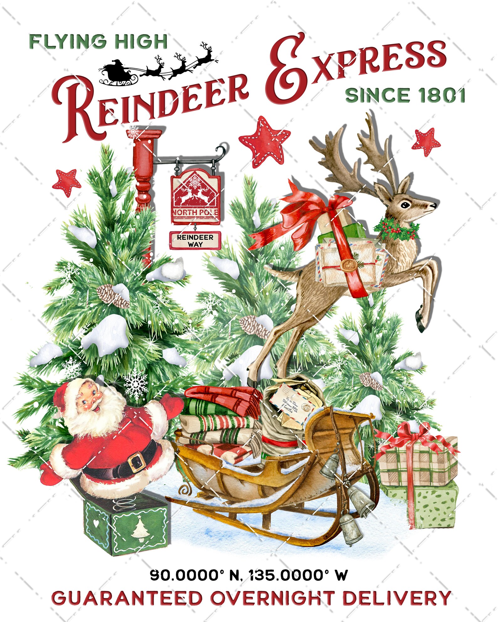 North Pole Flying Reindeer Mail Santa Sleigh Christmas Post Snowy Trees ...
