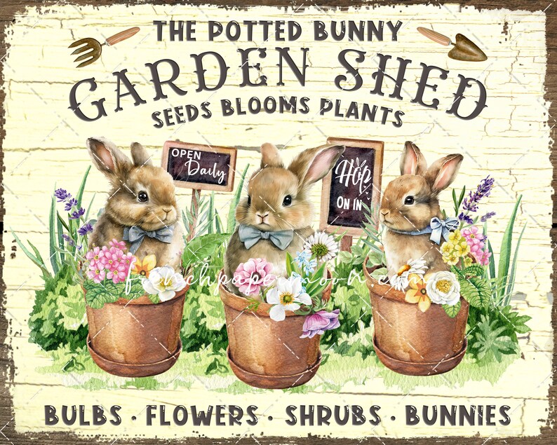 Spring Flower Bunnies Garden Shed Potted Bunny Cute Farmhouse - Etsy