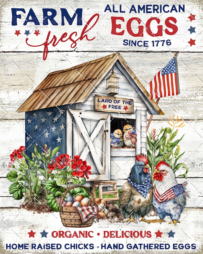 Patriotic Rustic Farmhouse Chicken Coop 4th July American Flag Chickens ...