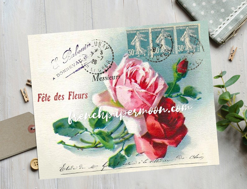 Shabby French Rose Postcard Printable Victorian Roses | Etsy