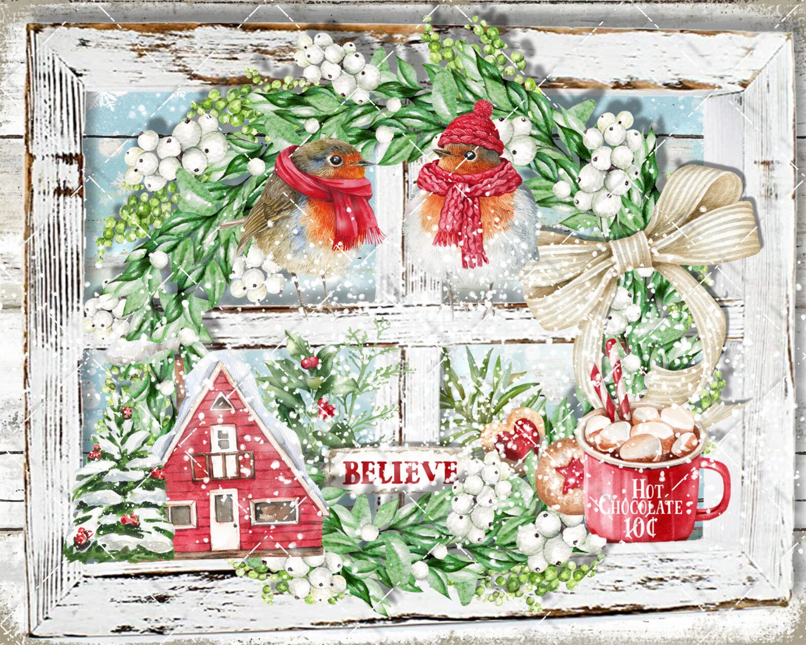 Christmas Window Digital Graphic, Winter Birds, Xmas Cabin, Hot Cocoa ...