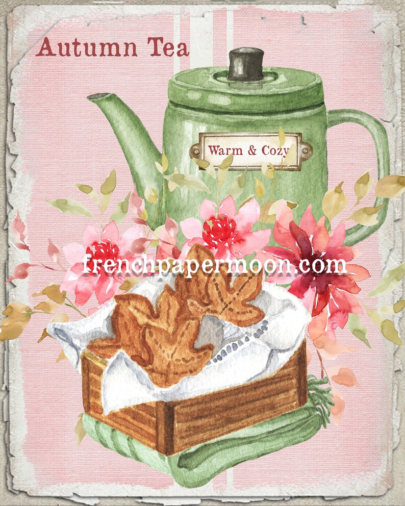 Pink Fall Tea Digital Teatime French Autumn Tea Teapot | Etsy