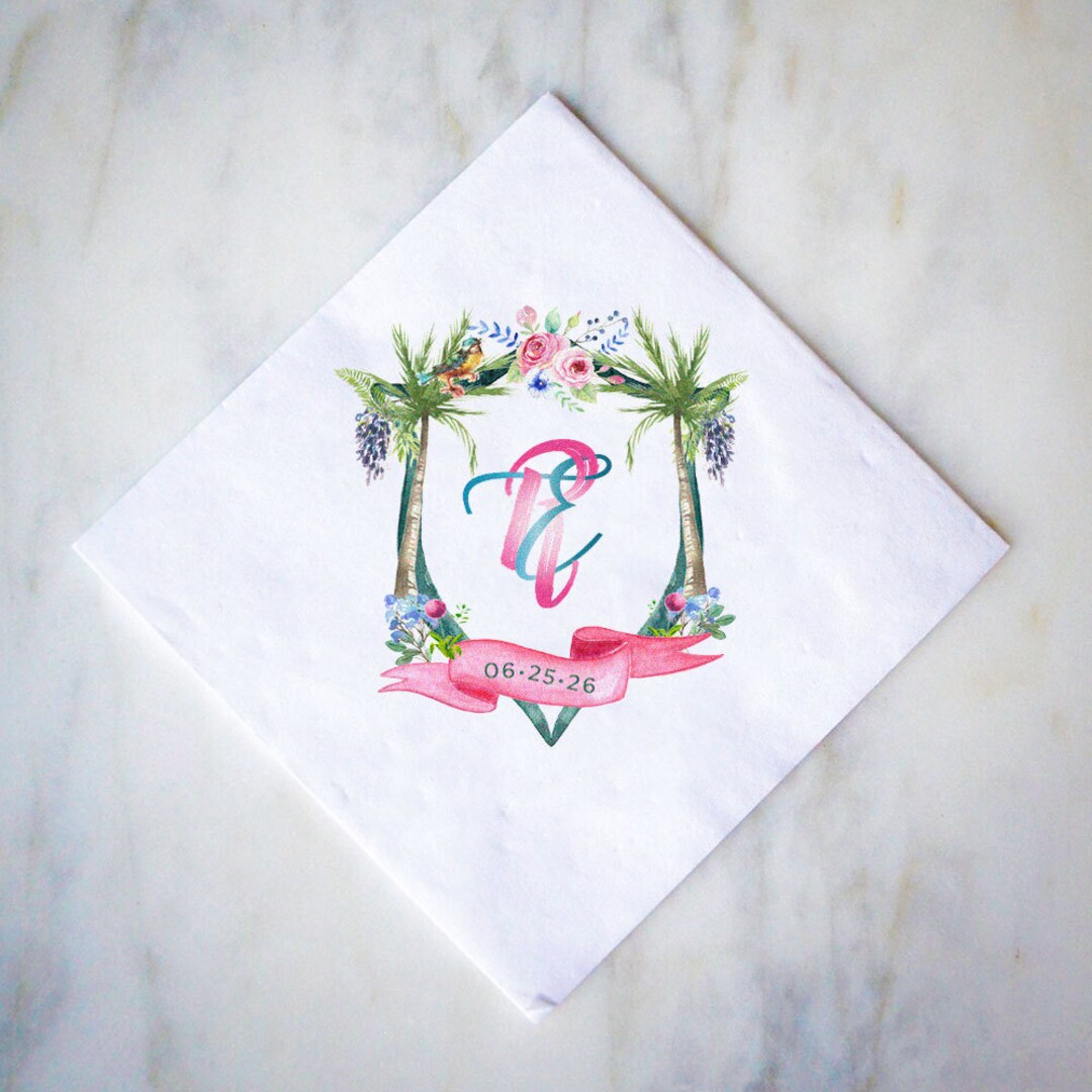 Personalized Full Color 3ply Napkins, Custom Palm Tree Crest Wedding ...