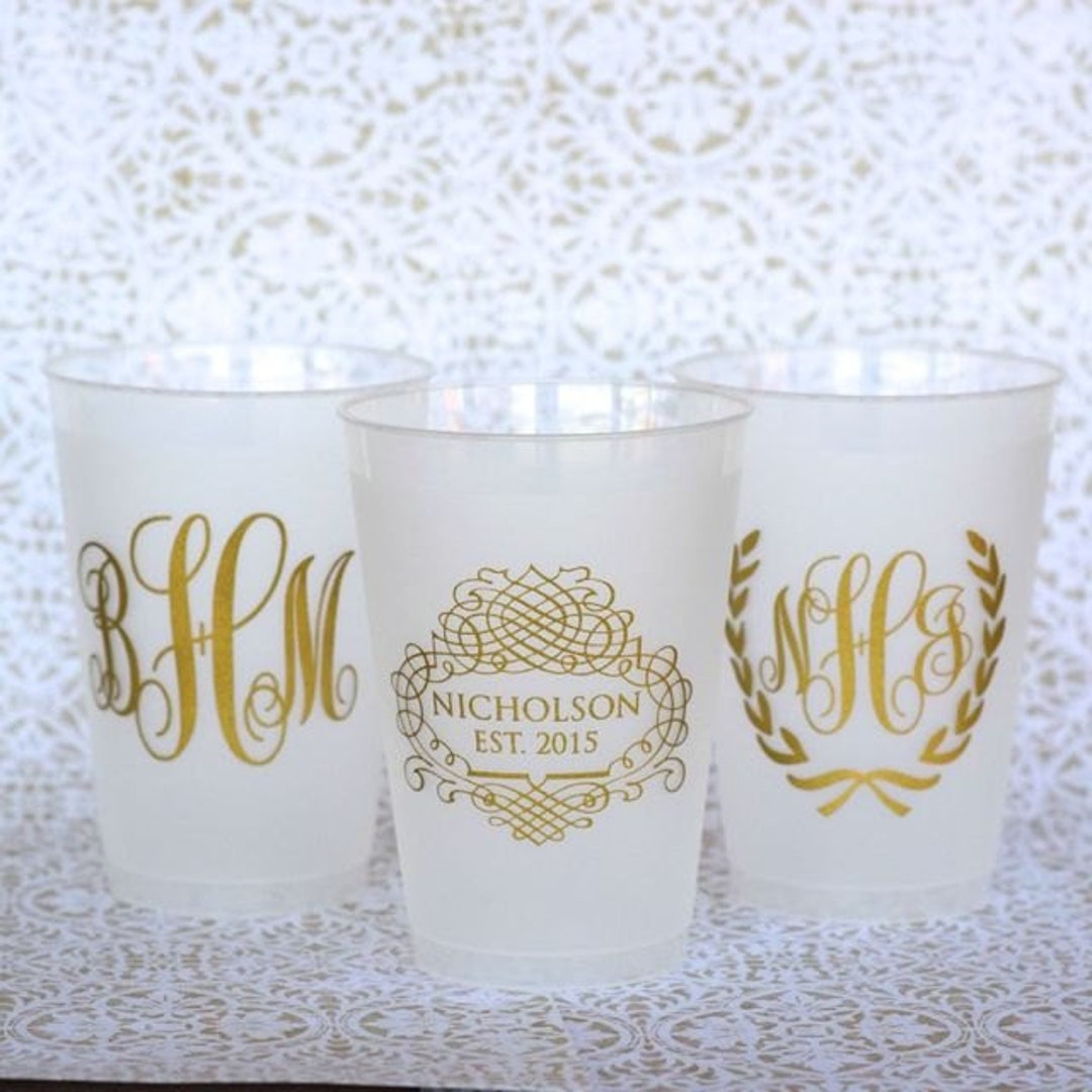 Custom Gold Shatterproof Cups, Personalized Plastic Wedding Cups ...