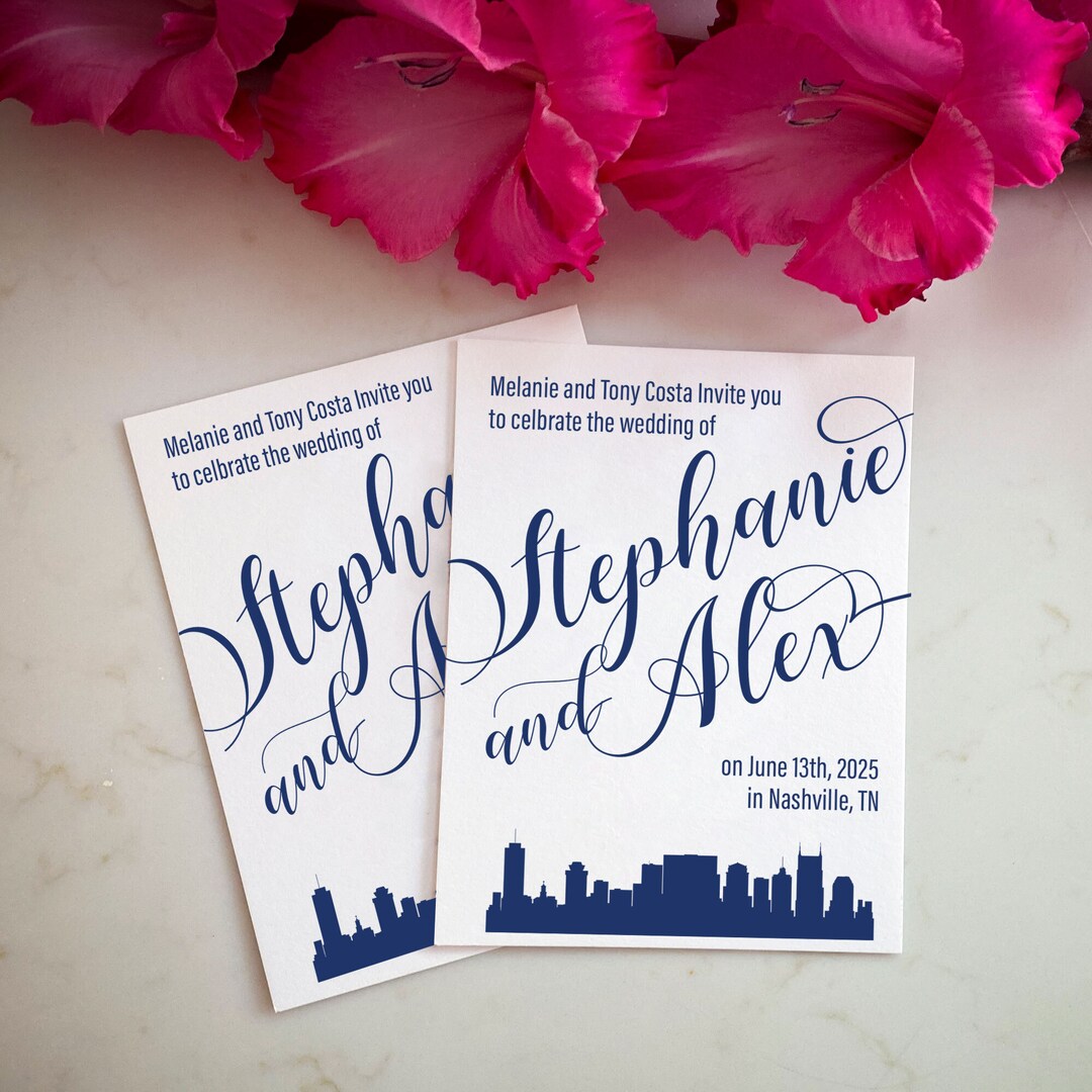 Custom Skyline Invitations, Full Color Script Names Wedding Invitations, Skyline Save the Date ...