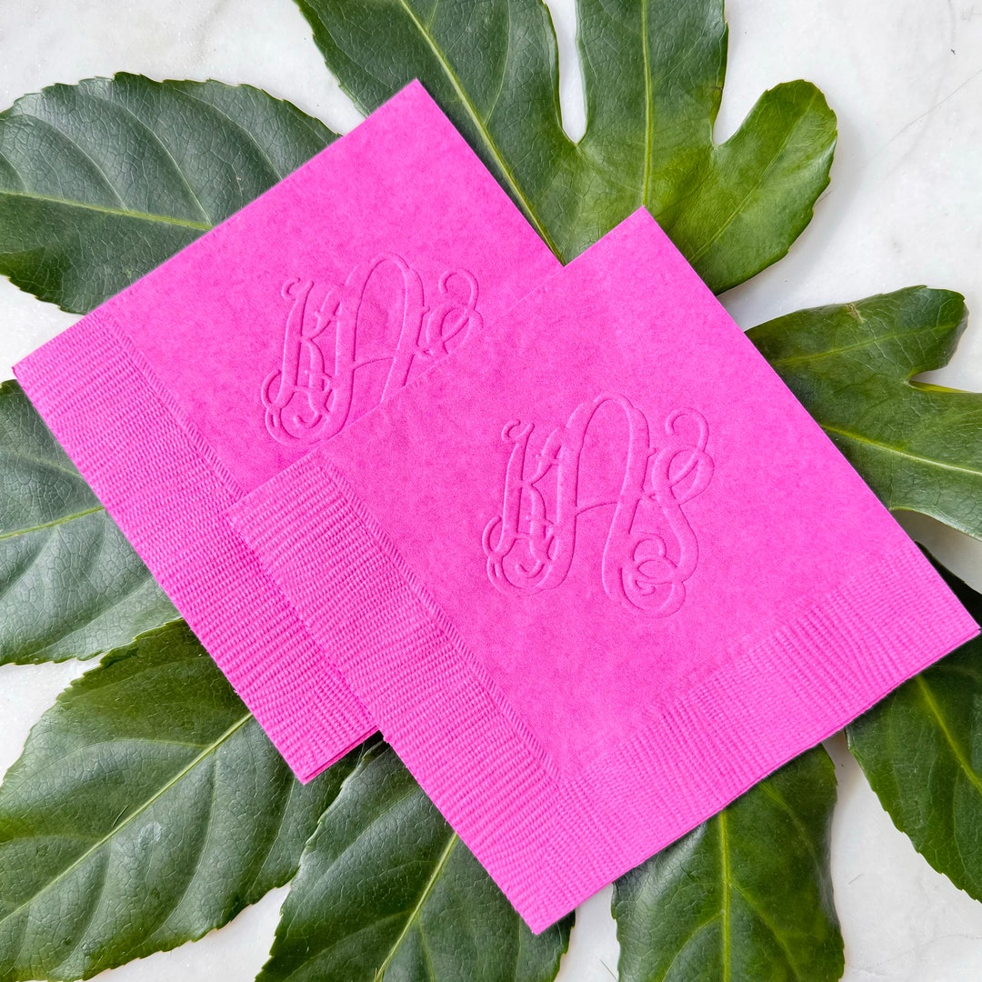 Embossed Monogram Pink Napkins, 3 Ply Beverage Napkins, Personalized ...
