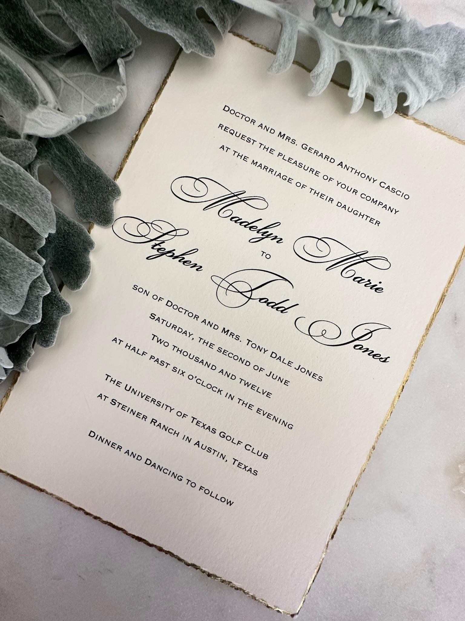 Custom Gold Deckled Edge Wedding Invitations, Personalized Monogram ...