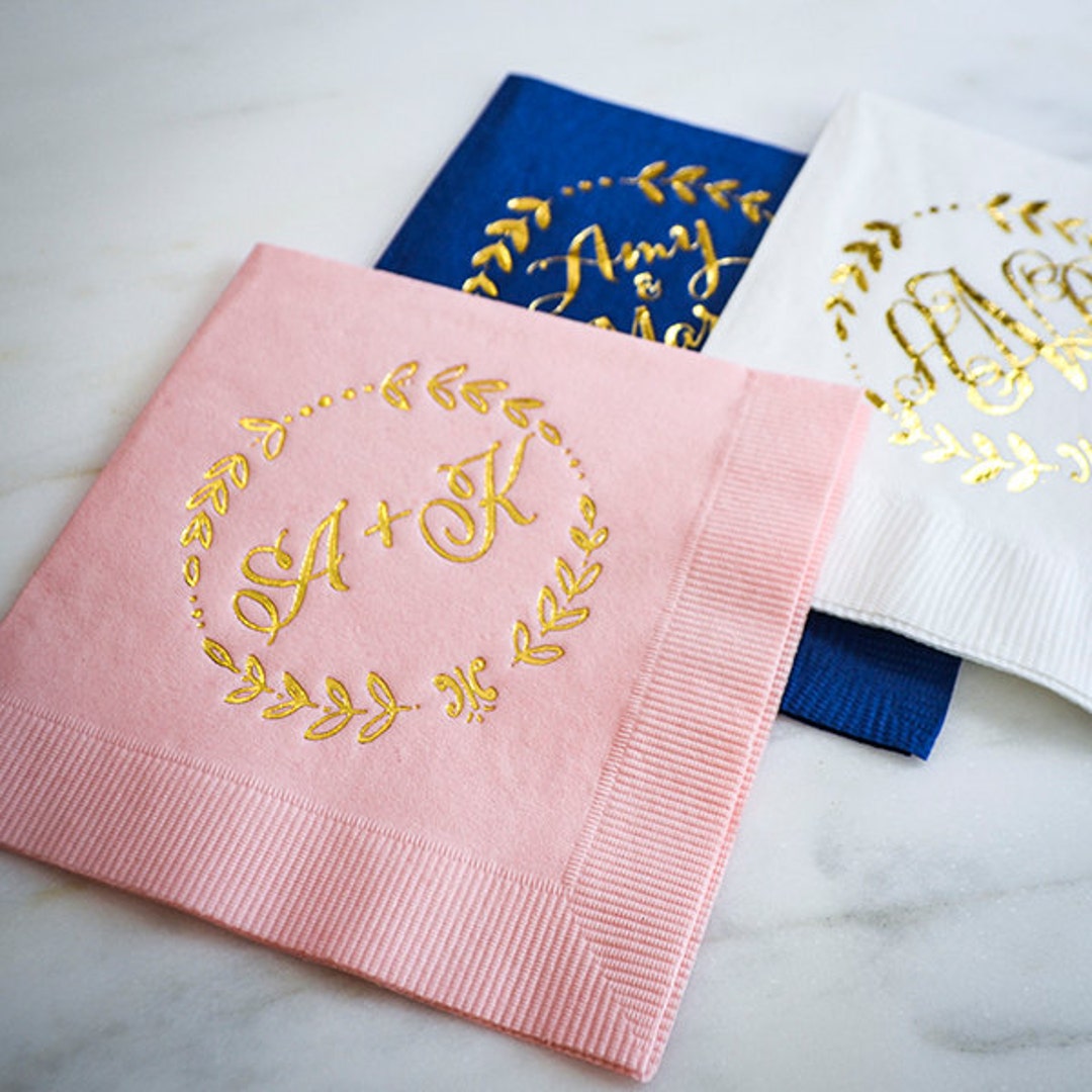 Personalized Napkins With Wreath Border, Custom Napkins, Gold Foil ...