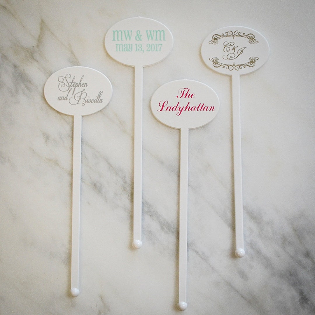 White Oval Plastic Drink Stir Sticks, Monogrammed Drink Stirrers ...