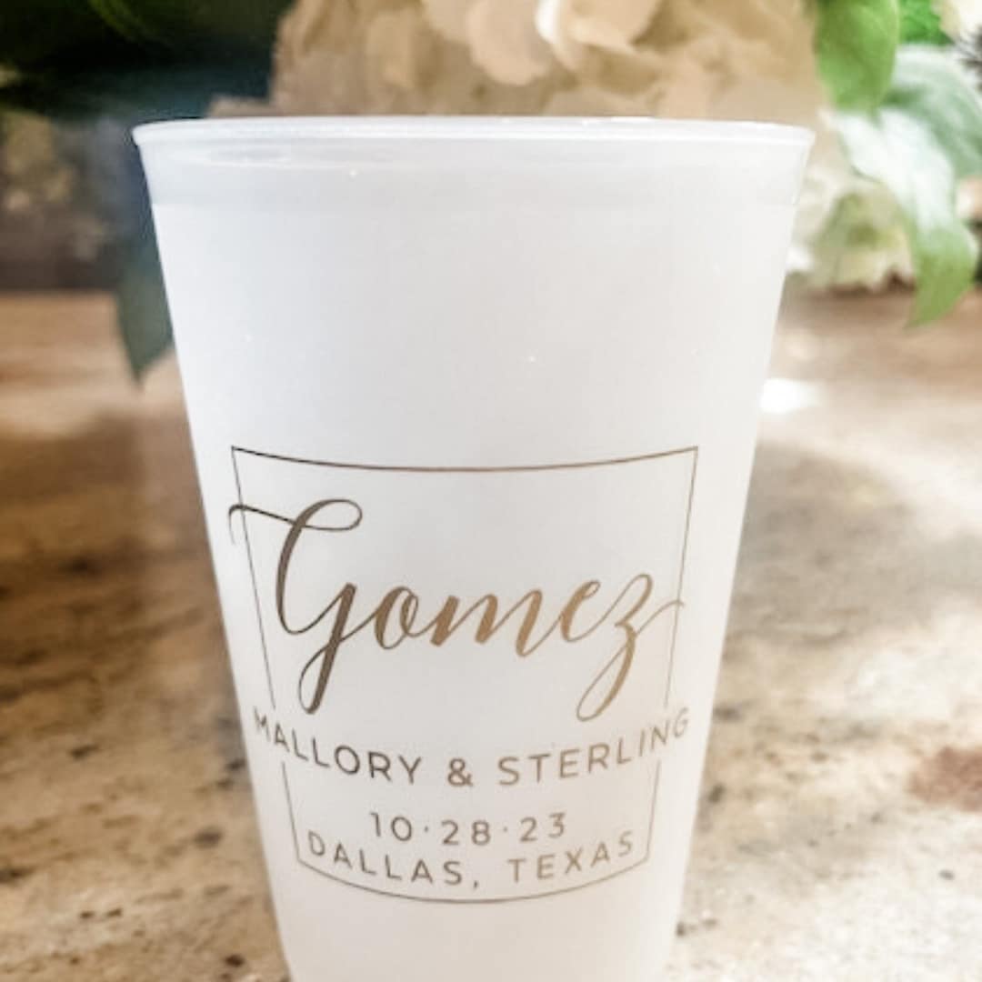 Personalized Wedding Reception Frosted Cups, Gold Square Logo Frosted ...