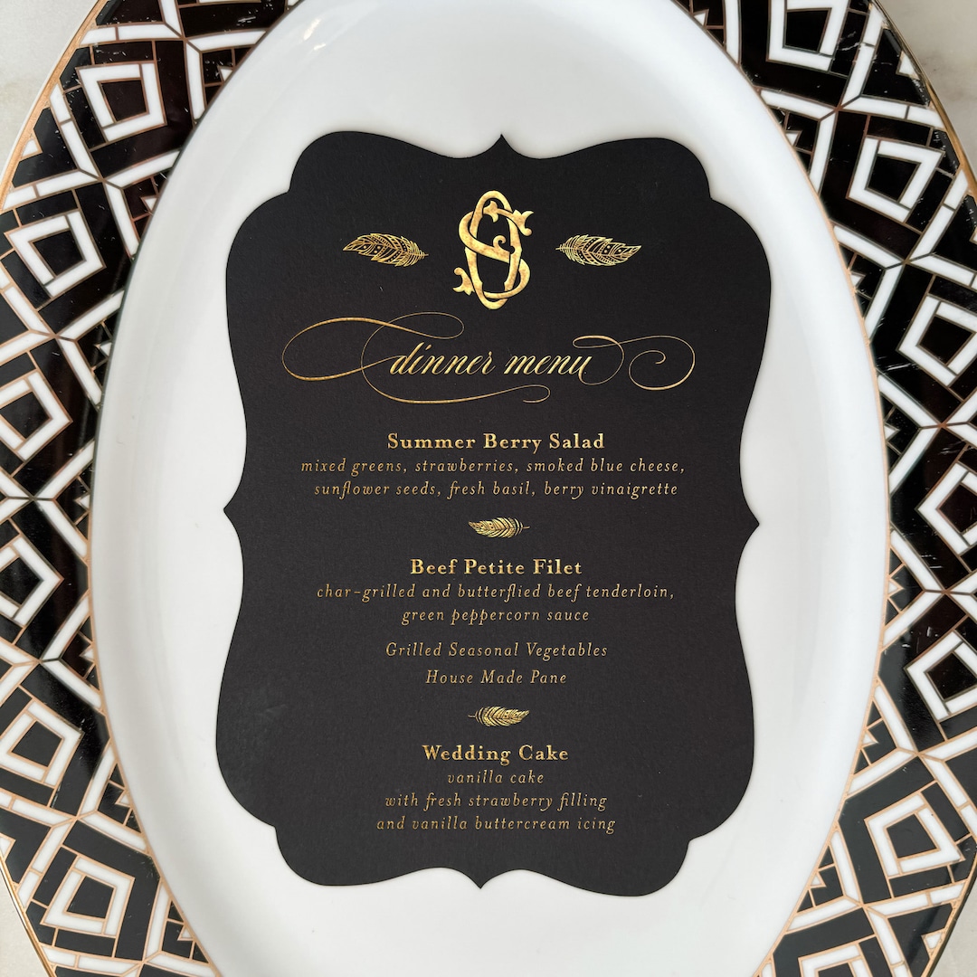 Black and Gold Foil Printed Wedding Reception Dinner Menus, Custom Foil ...
