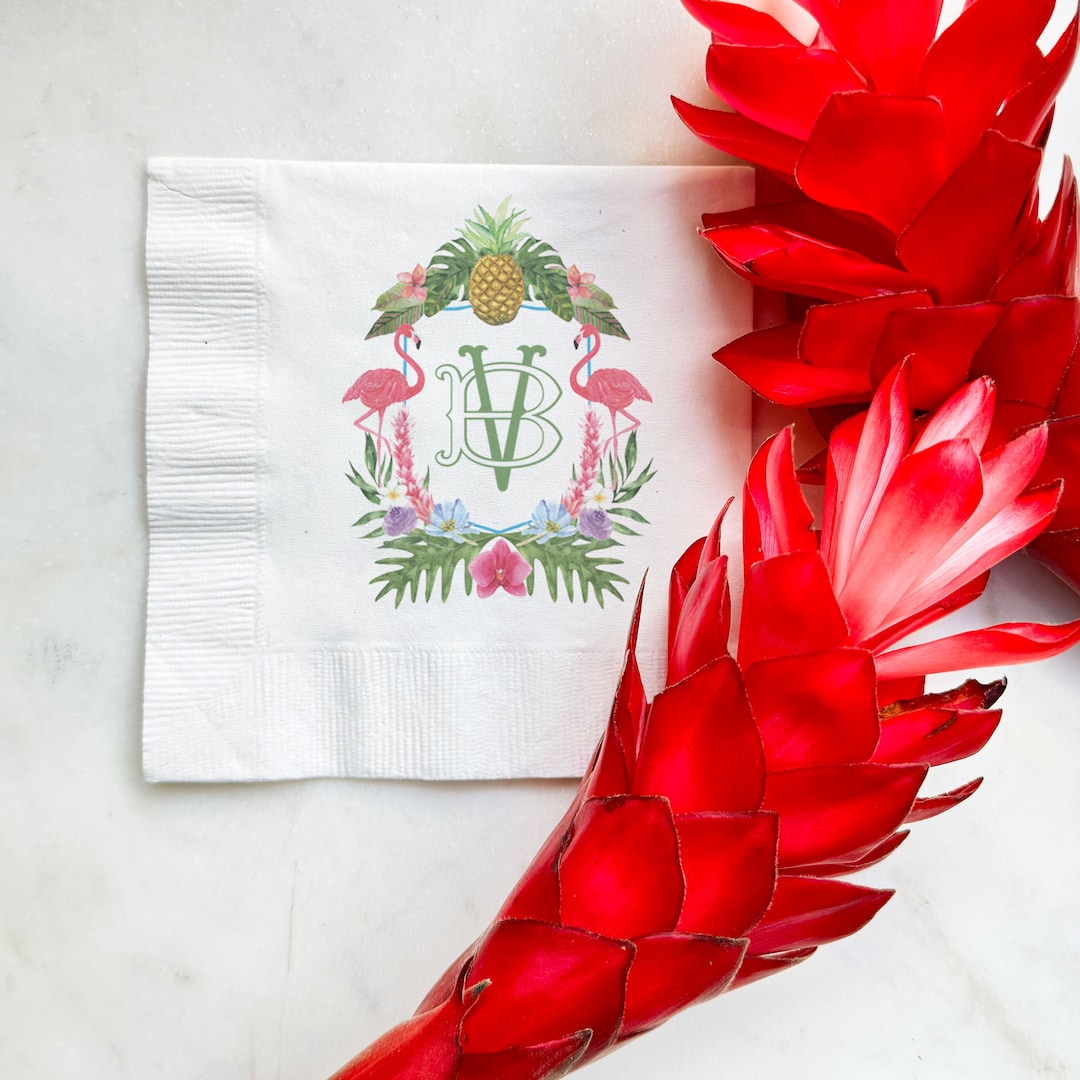 Full Color Flamingo Wedding Crest Napkins, Tropical Beach Wedding 3ply ...