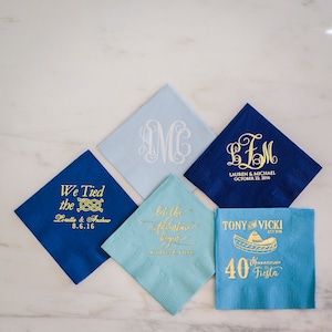 Custom Blue Printed Napkins, Personalized Wedding Napkins, Foil Printed ...