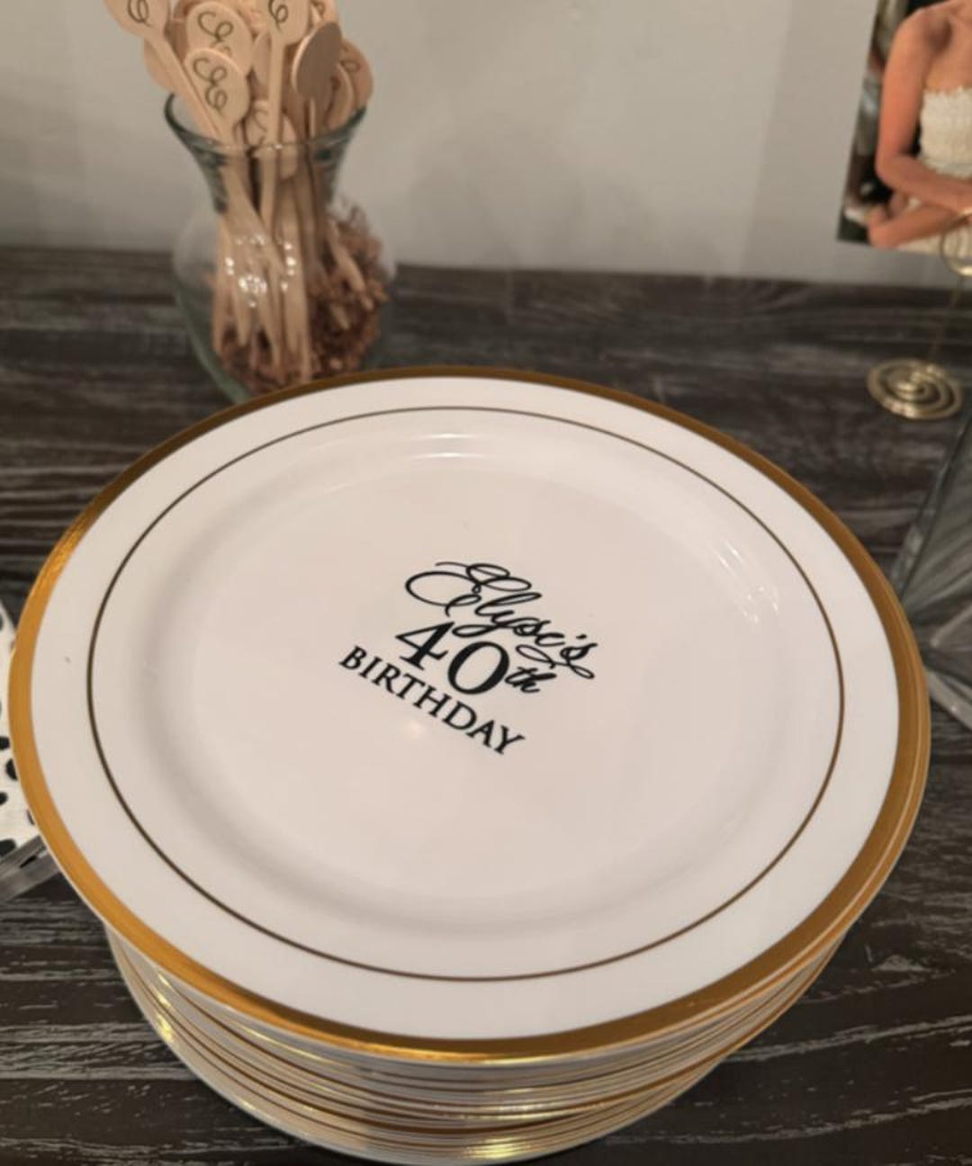 White and Metallic Trim Plates, Reusable Monogram Premium Plastic ...