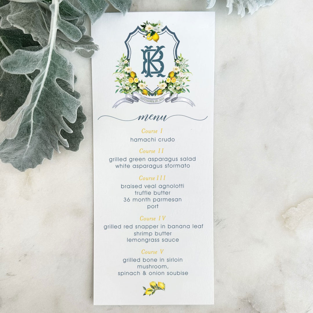 Digital Full Color Lemon Crest Menus, Personalized Wedding Reception ...