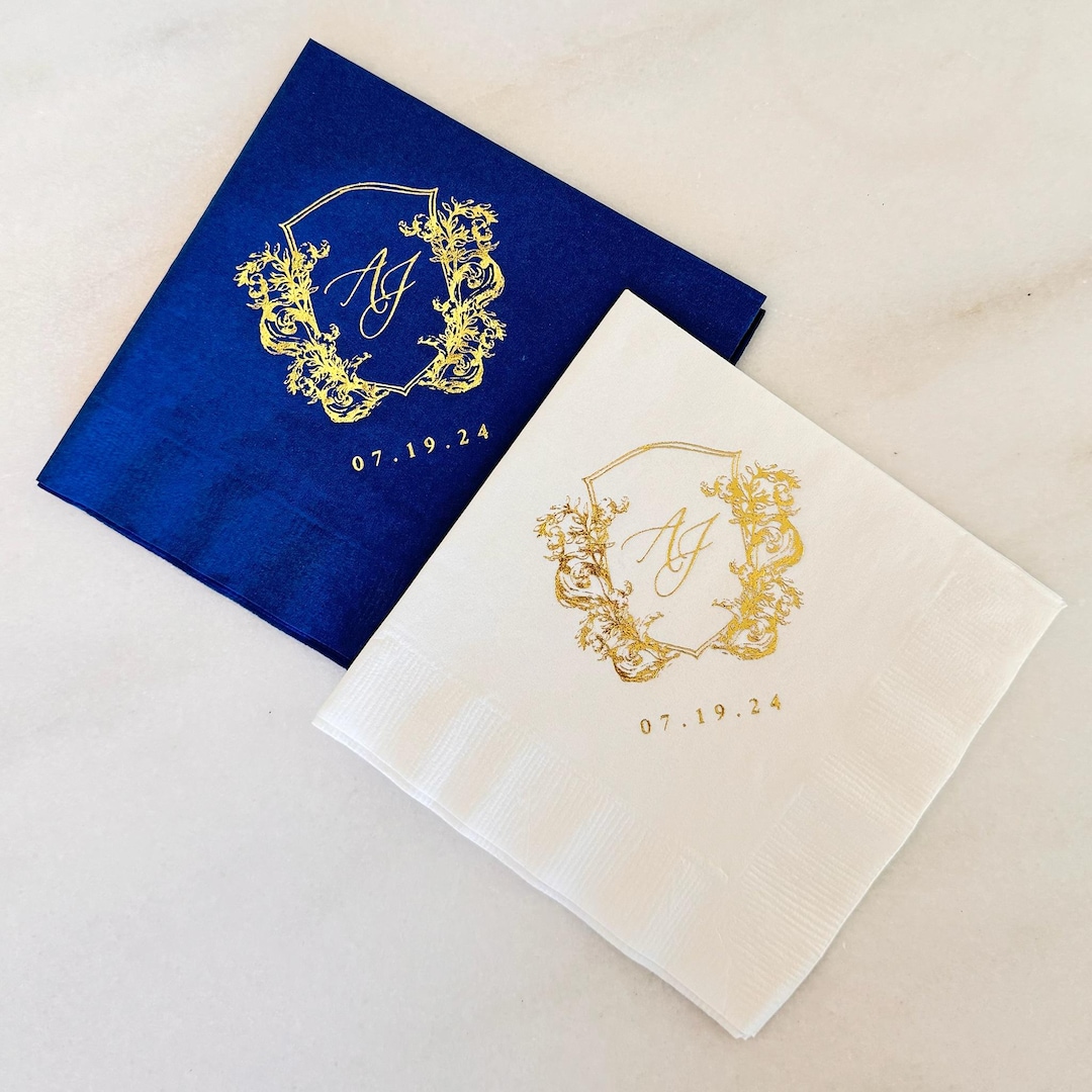 Custom Designed Gold Foil Crest Napkins, 3ply Custom Wedding Napkins ...