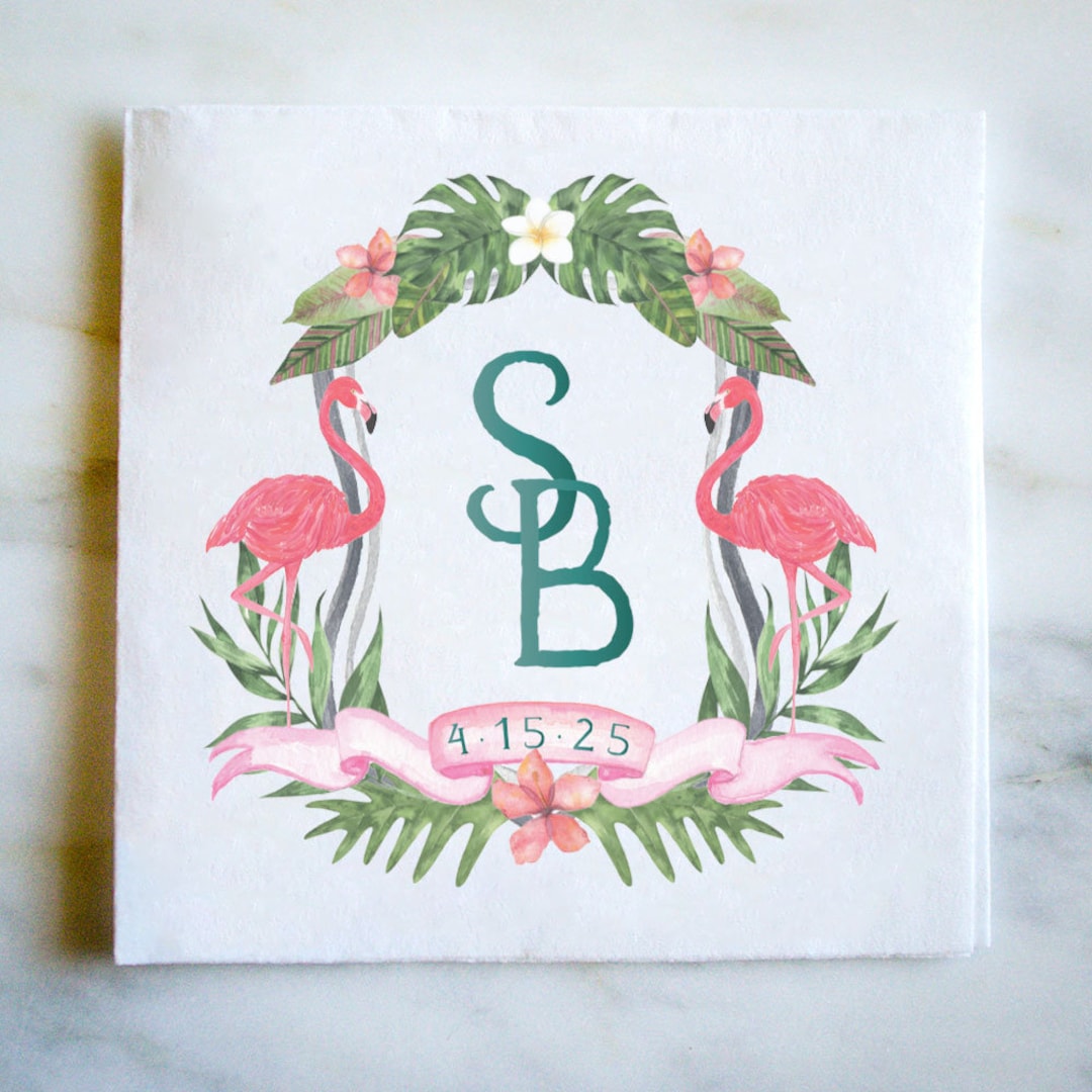 Flamingo Full Color Watercolor Crest Napkins, 3ply Full Color Cocktail ...