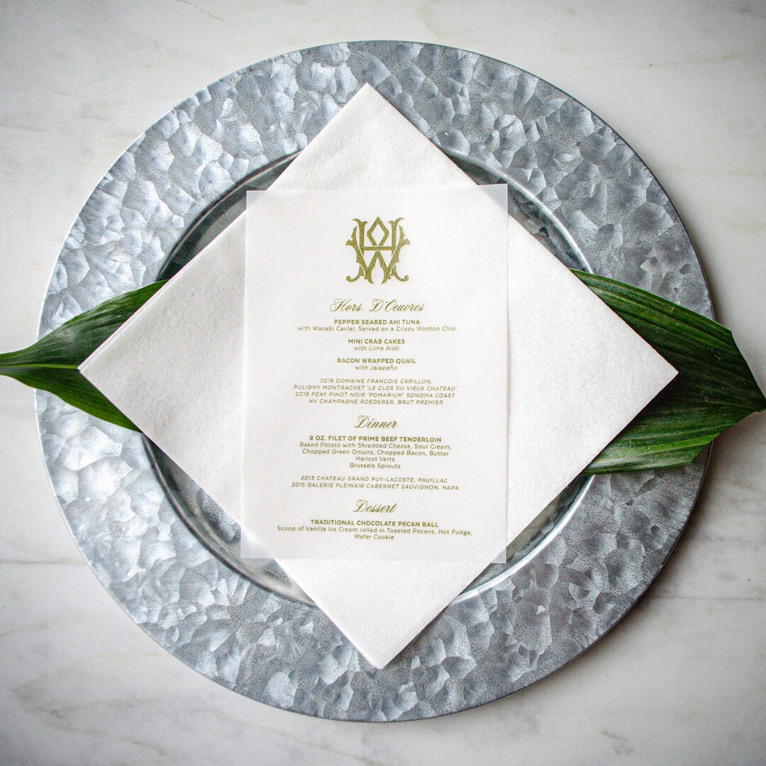 Custom Vellum Wedding Menus, Translucent Monogrammed Reception Menus ...