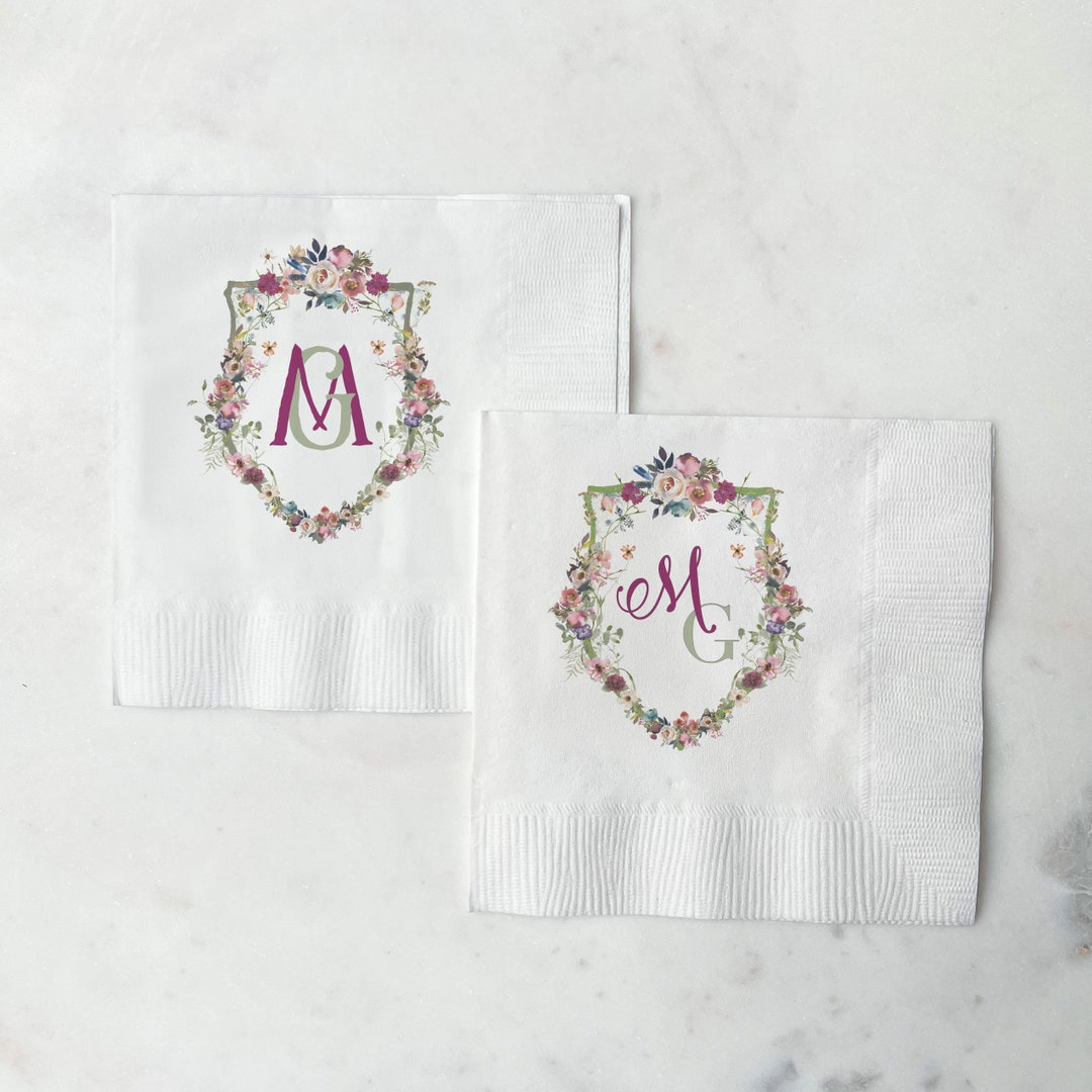 Full-color Floral Crest Custom Wedding Napkins, 3ply Beverage Napkins ...