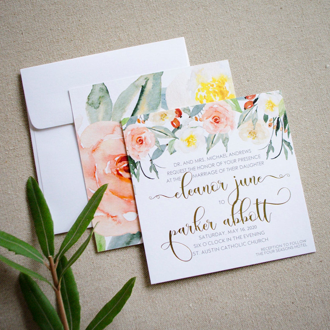 Watercolor Floral Wedding Invitations, Gold Foil Wedding Invitations ...