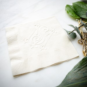 Embossed Interlocking Vintage Monogram Cocktail Napkins, Ivory Wedding Napkins, Custom 3 Ply ...