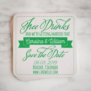 Custom Save the Date Invitation Coasters - "free Drinks", Personalized ...