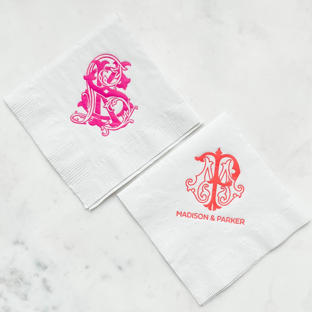 Vibrant Interlocking Monogram Napkins, Personalized 3ply Cocktail Napkins, Foil Printed Napkins ...