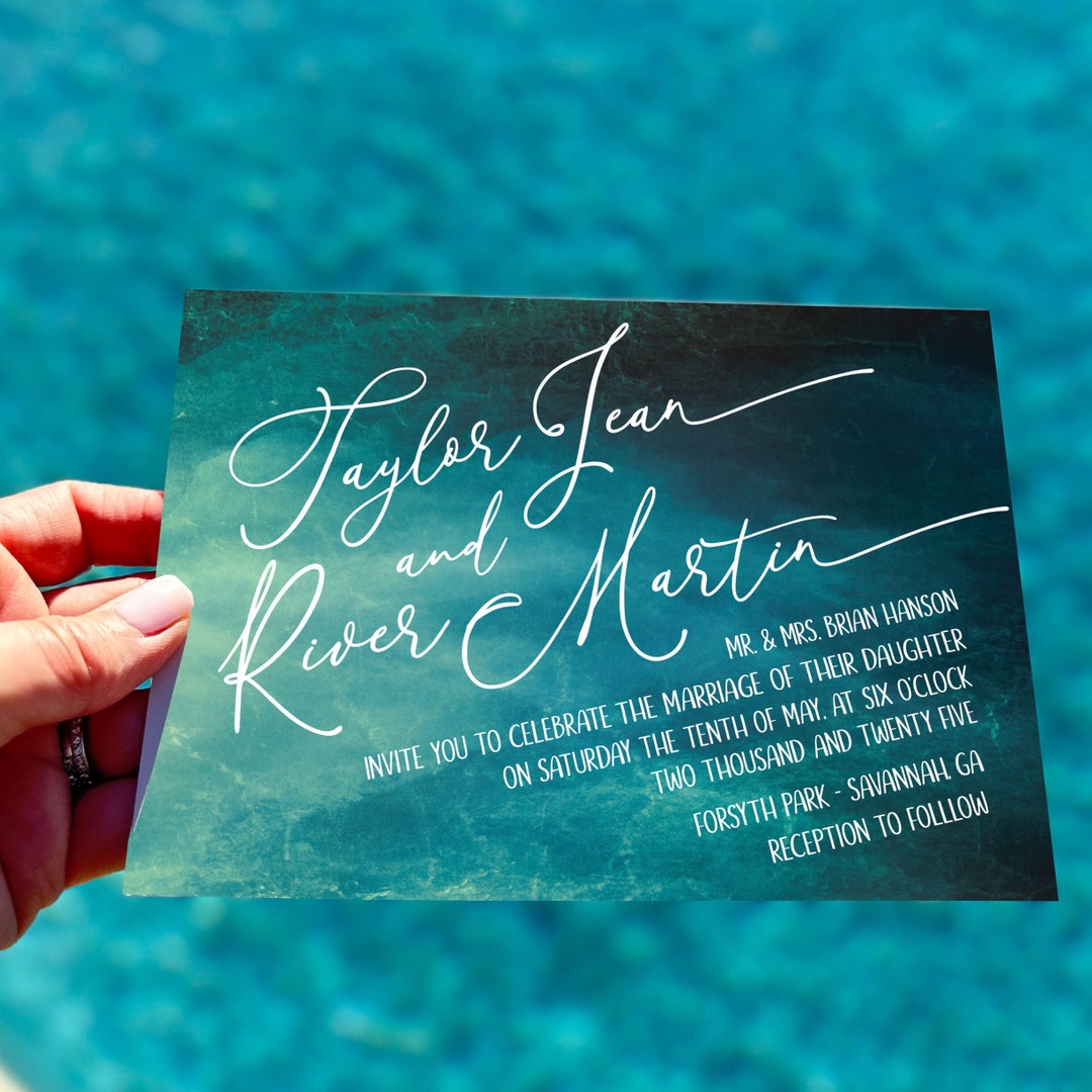 Marbled Digital Script Invitations, Full Color Script Names Wedding ...