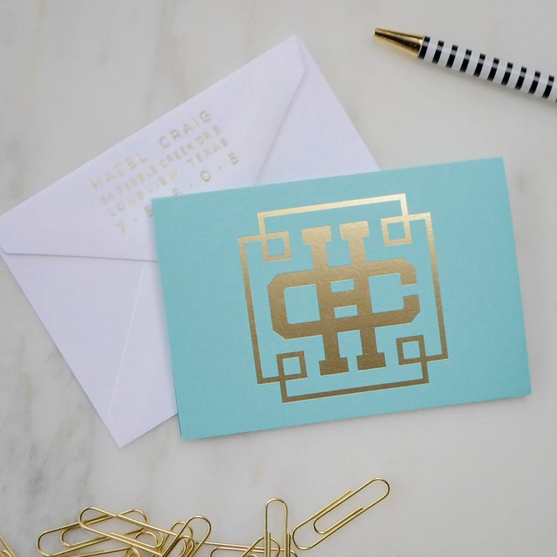 Monogrammed Notecards Set of 50 Folded 4 Bar Note Cards Foil | Etsy