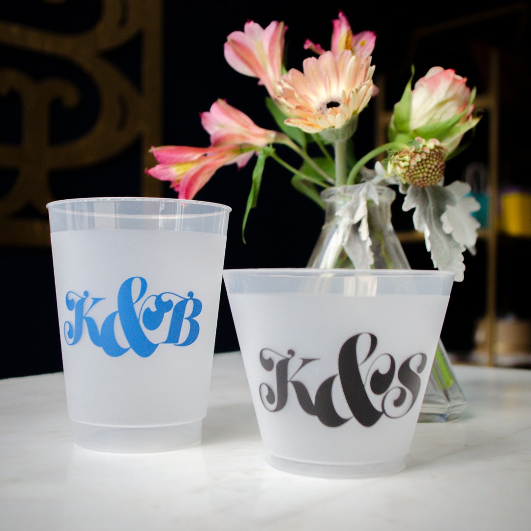 Retro Monogram Wedding Cups, Shatterproof Frosted Plastic Cups, Custom ...