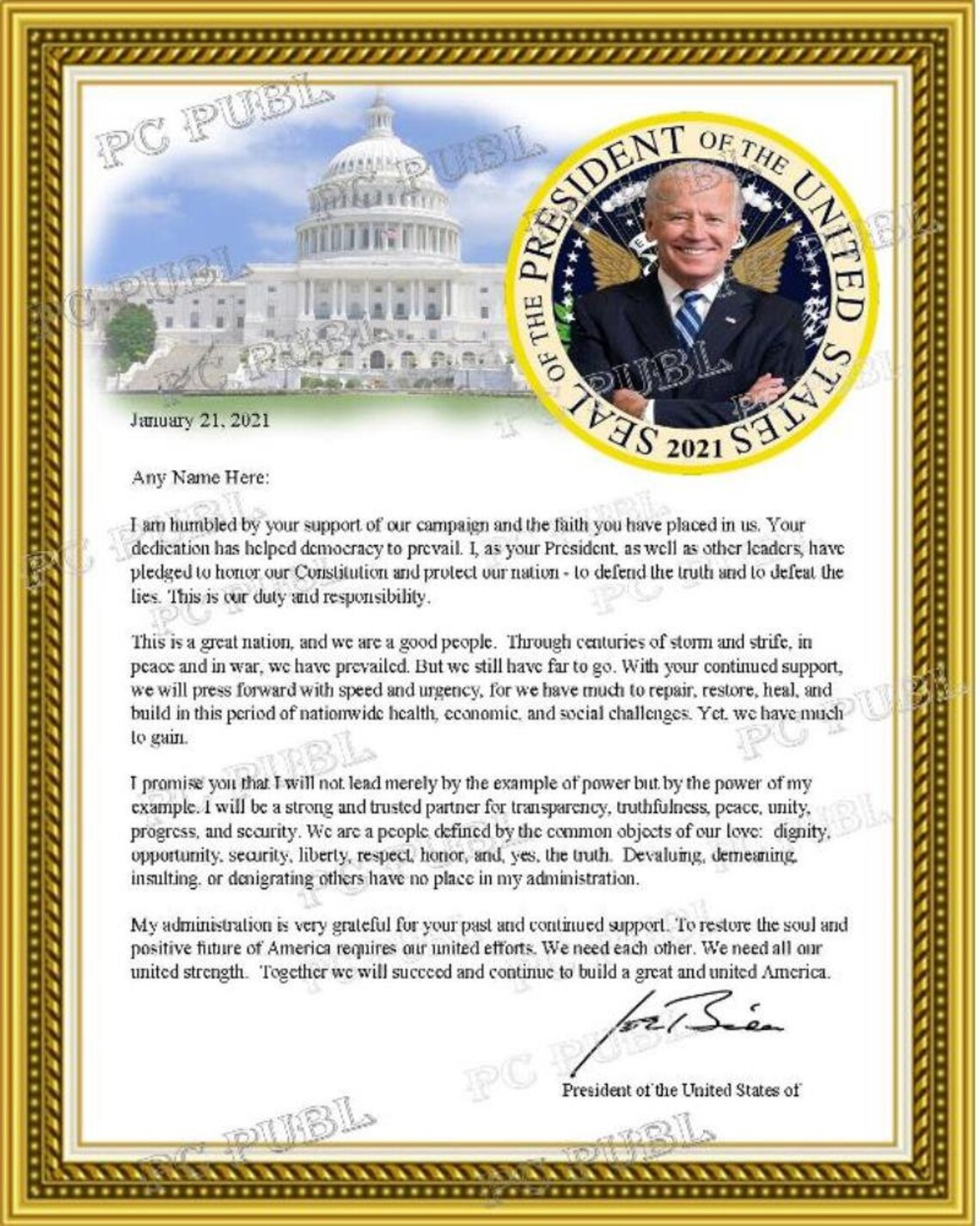 Custom Biden Personalized Thank You Letter Presidential Seal ...