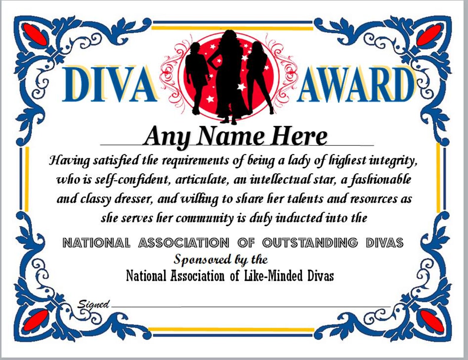 DIVA AWARD CERTIFICATE Diploma for Female Leader Outstanding Woman - Etsy