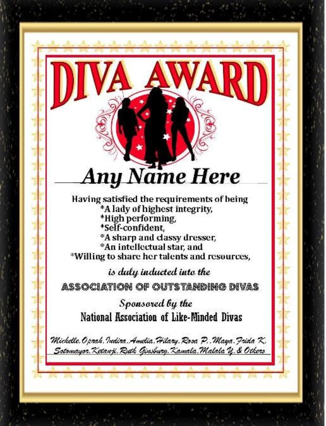DIVA AWARD CERTIFICATE Diploma for Female Leader Outstanding Woman - Etsy