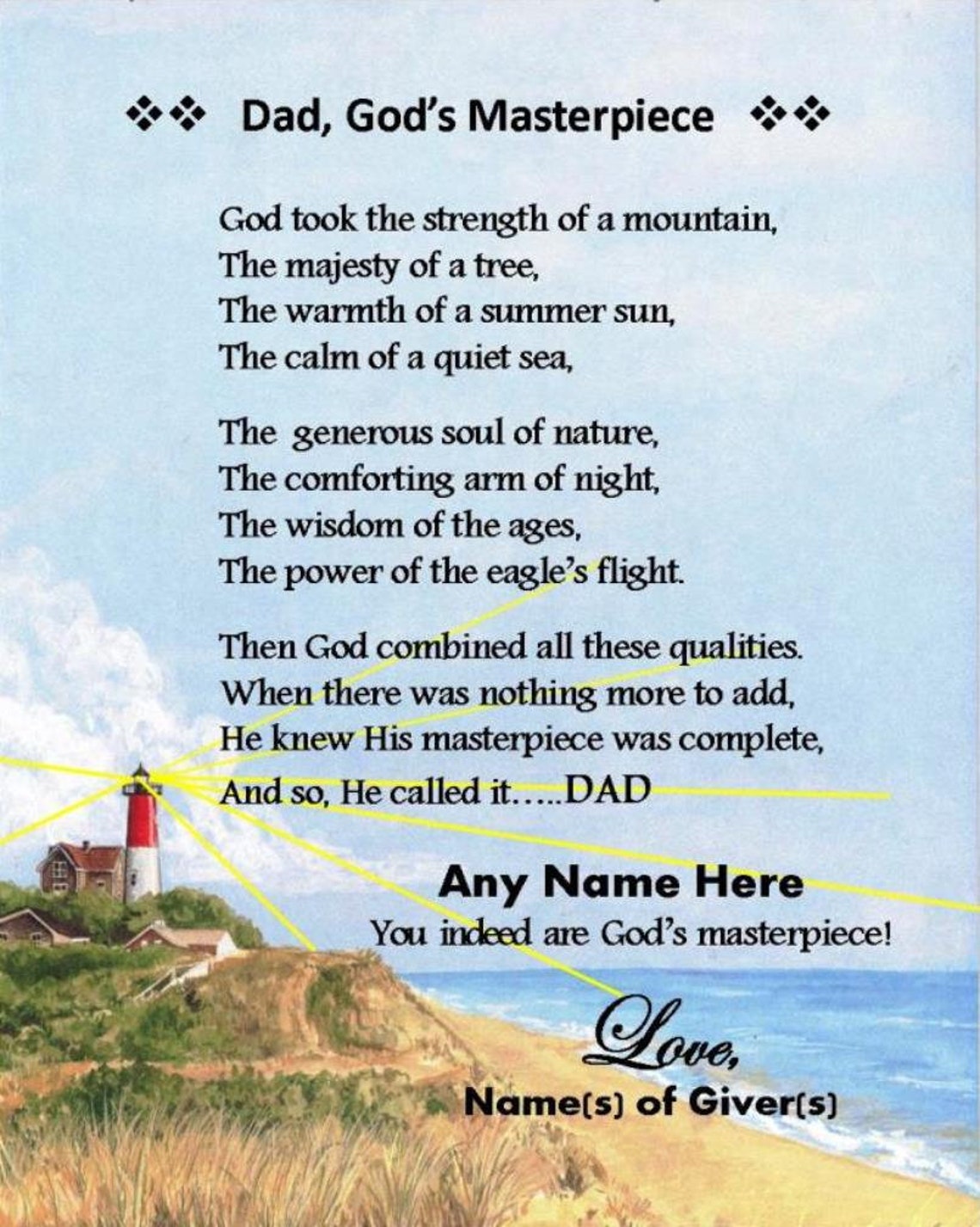 Personalized Father's Day Poem Print: 'dad, God's Masterpiece' (8x10 ...