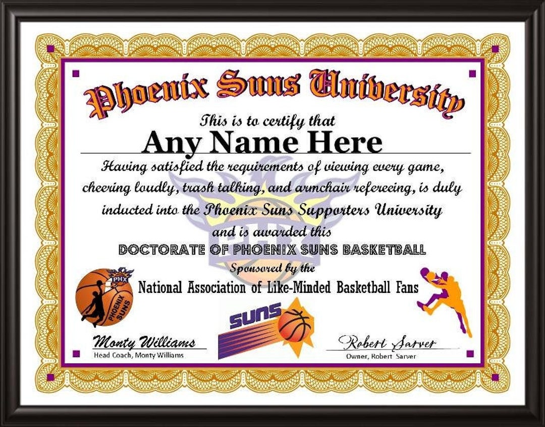 PHOENIX SUNS Basketball Fan Personalized Certificate Diploma Sports ...