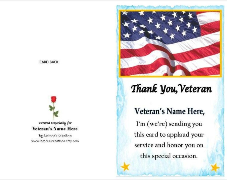 Custom Veteran's Personalized Card Thank You Veteran's Day Memorial Day ...