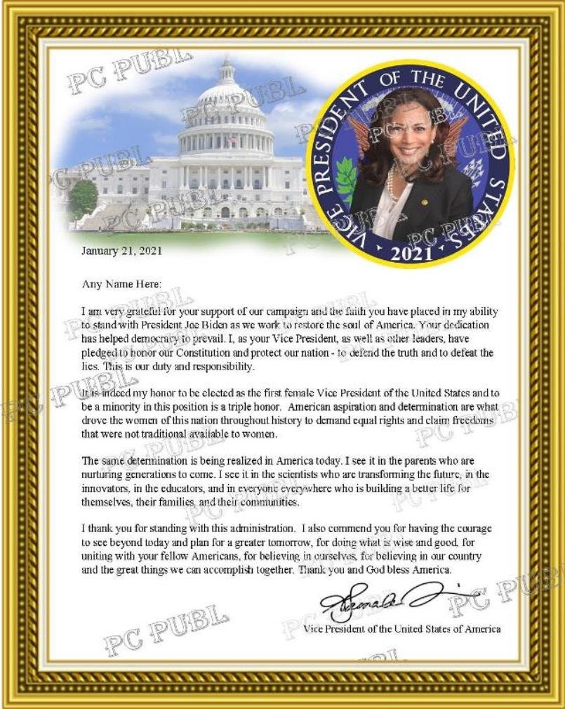 Kamala Harris Photo Personalized Thank You Letter Vice Presidential ...